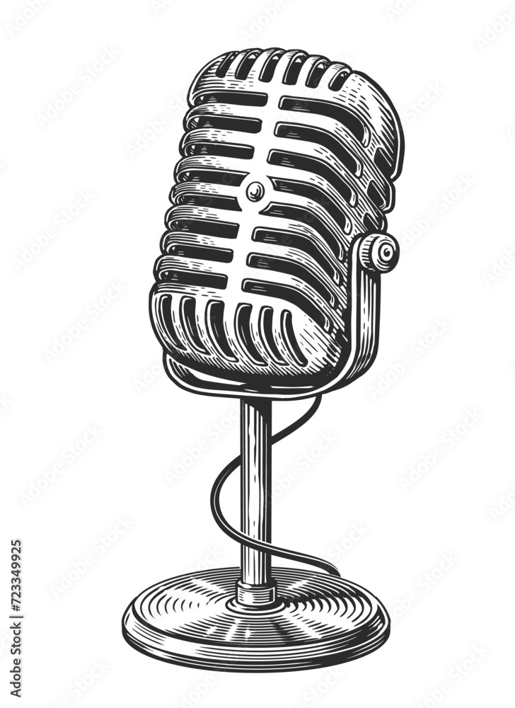 Retro old microphone on stem. Hand drawn vintage sketch vector ...