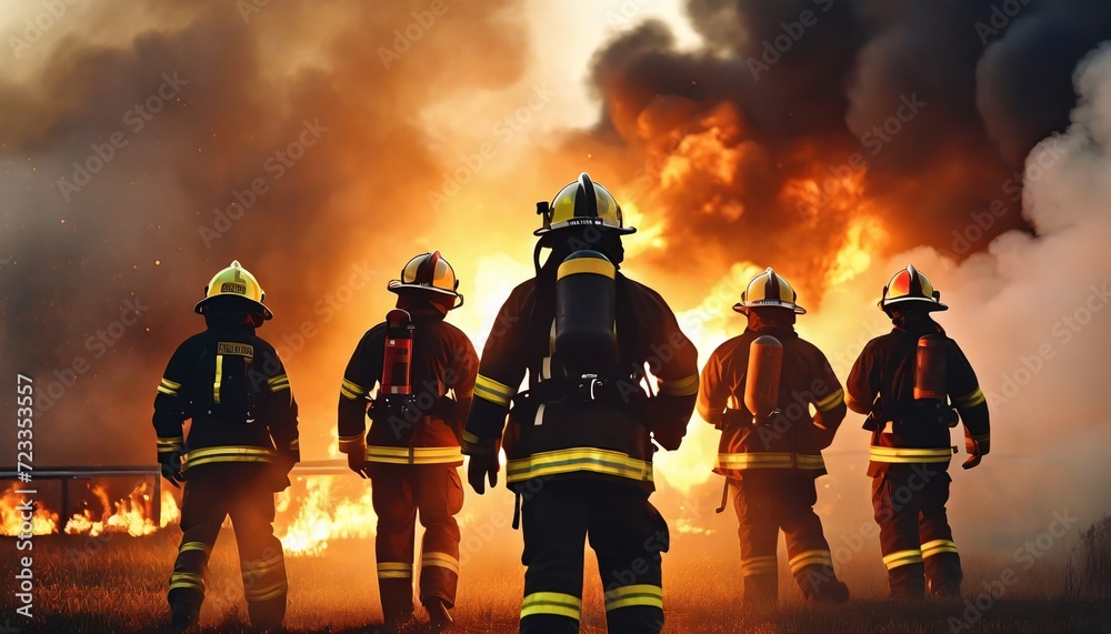 firefighters in action with fire flames and heavy black smoke Stock ...