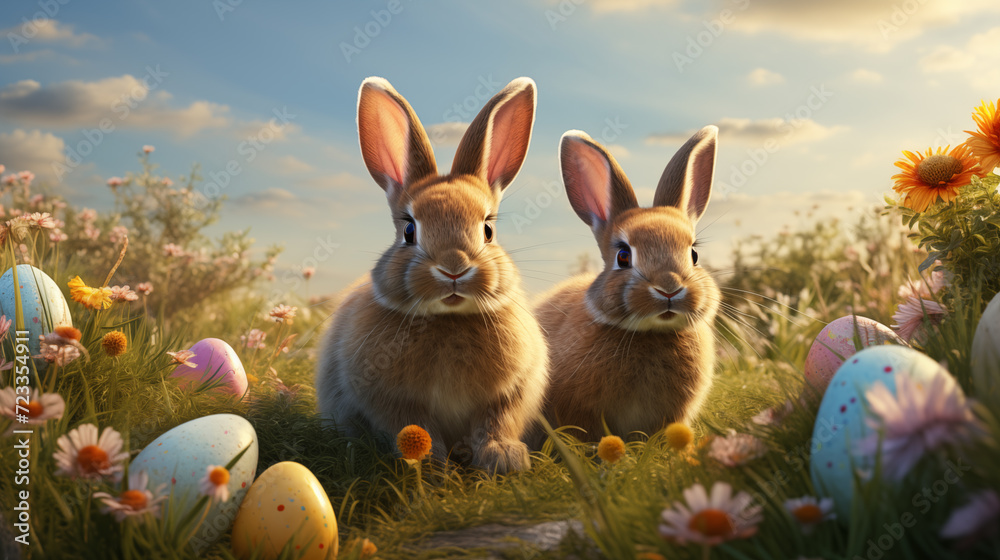 Fluffy bunnies hopping in Easter garden background image. Eastertide ...