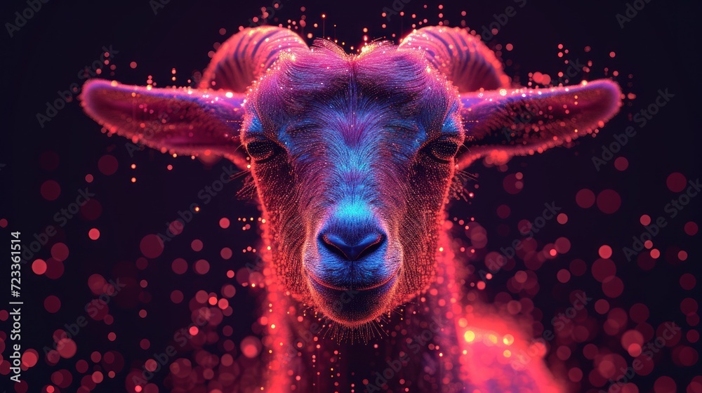 a close up of a goat's face with red and blue lights on it's face and ...