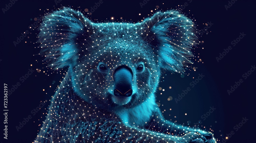 a close up of a koala face on a dark background with stars in the shape ...