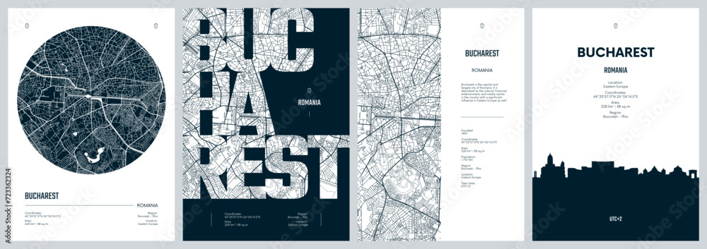Set of travel posters with Bucharest, detailed urban street plan city ...