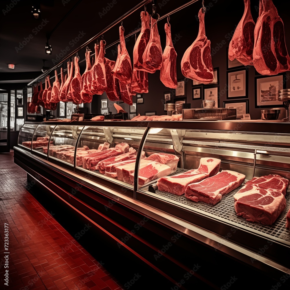 A photo inside a traditional butcher's shop, focusing on a display of ...