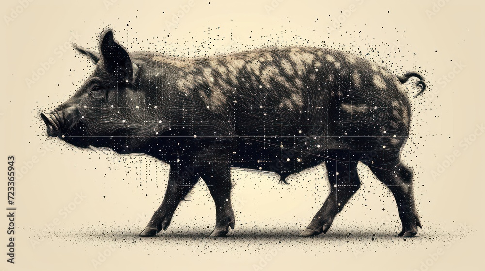 a black and white picture of a pig with spots on it's face and a line ...