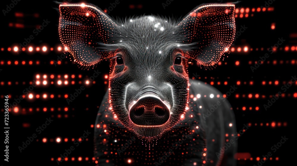 a digital pig is standing in front of a black background with red and ...