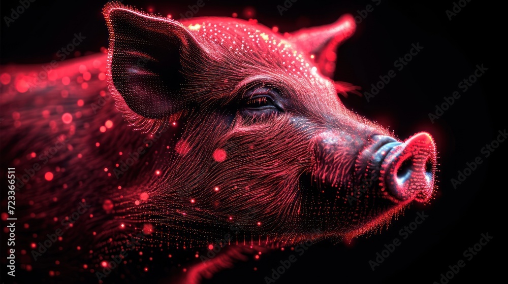 a close up of a pig's face on a black background with red and pink ...