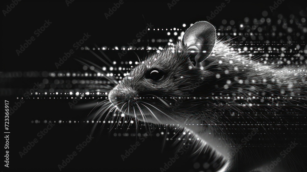 a black and white photo of a rat's face in front of a black and white ...