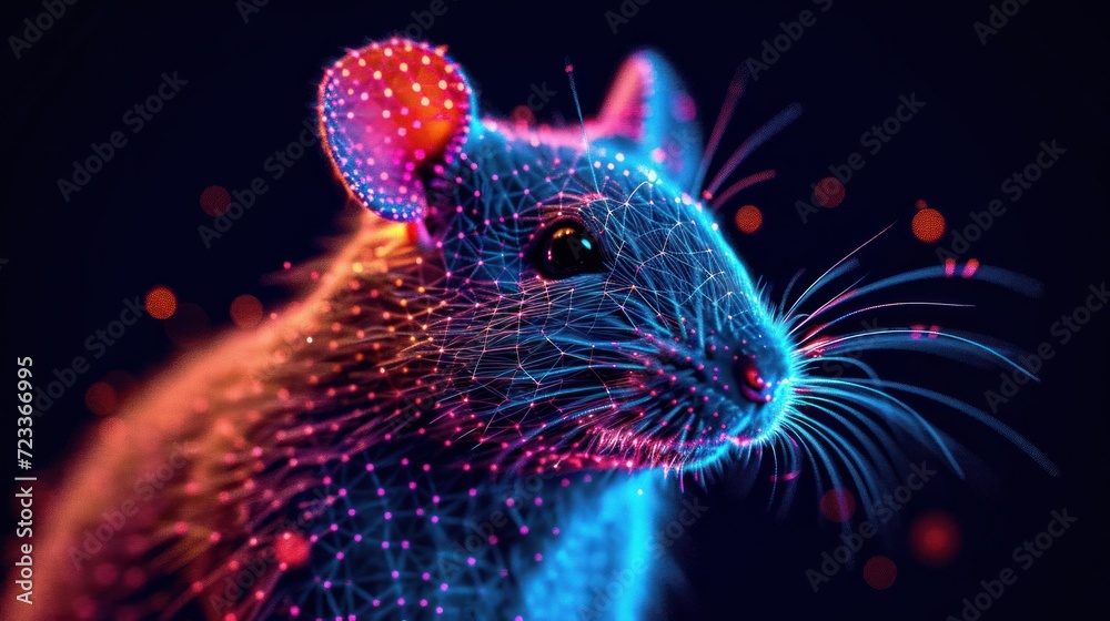 a close up of a mouse with a lot of dots on it's face and a red dot in ...