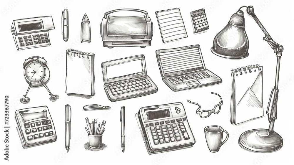 Office supplies doodle set. Office stuff: laptop, printer, lamp ...