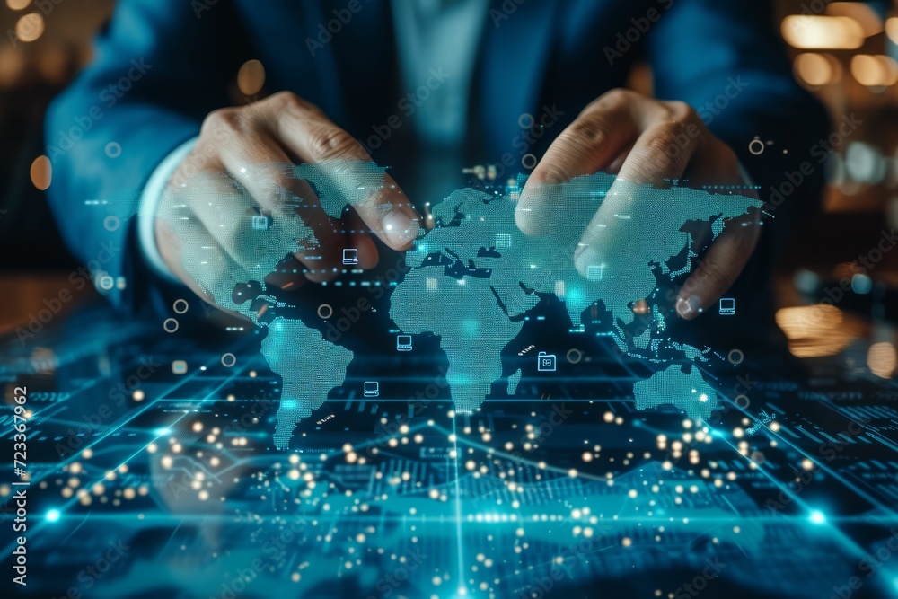 business leader strategizing over a digital map of the world ...