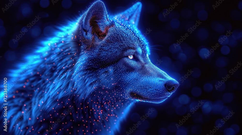 a close up of a wolf's face with blue and red spots on it's fur and a ...