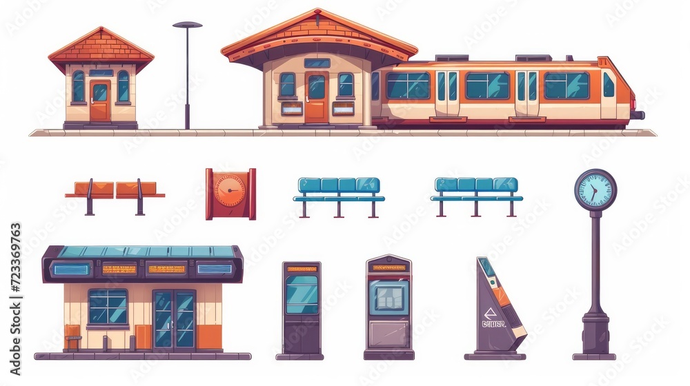 Set of Icons Railway Station Building, Plastic Seats, Electric Train ...