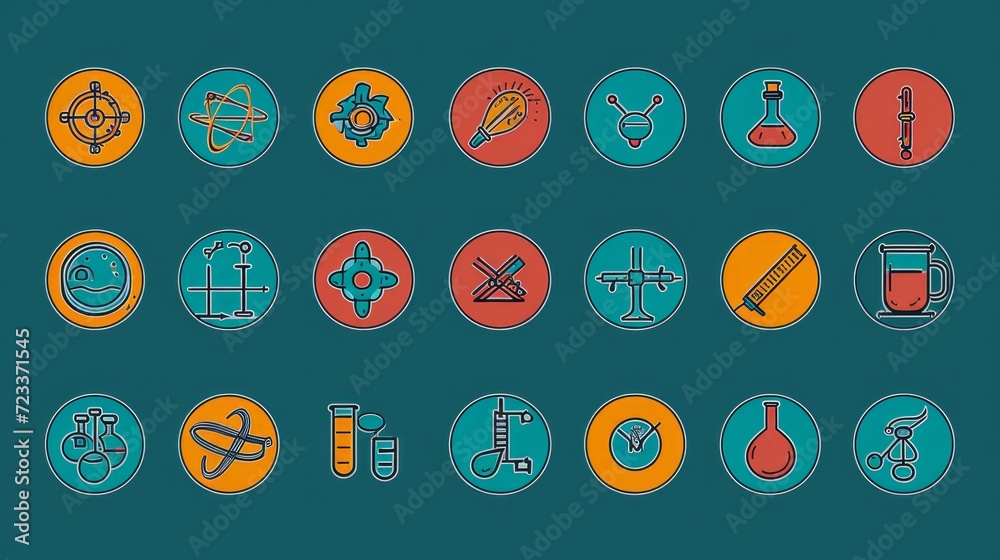 Vector round set of educational linear icons. STEM education: science ...