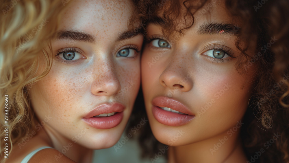 Two lesbian girls pose facing the camera, looking into the camera ...