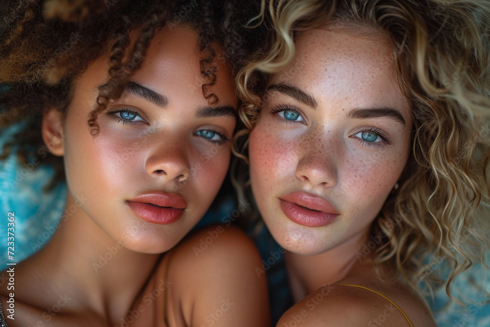 Two girls pose facing the camera, looking into the camera portrait ...
