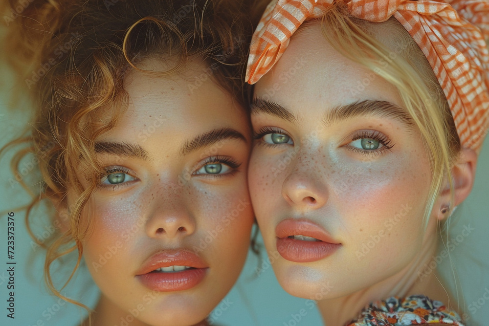 Two lesbian girls pose facing the camera, looking into the camera ...