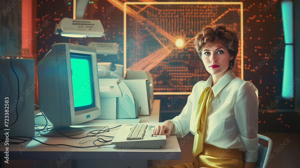 young woman in the 1990s using an old computer in an innovative office ...