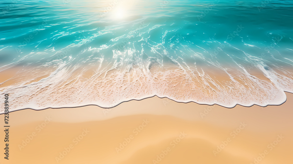 Sandy beach with light blue transparent water waves and sunlight ...