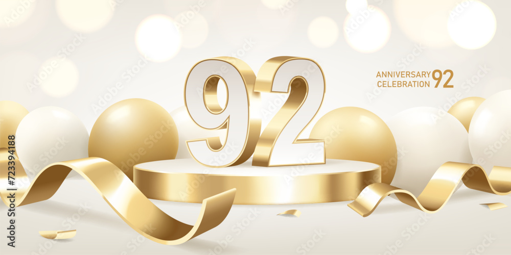92nd Anniversary celebration background. Golden 3D numbers on round ...