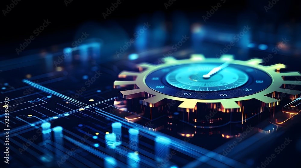 Gears icon on a digital display with reflection. Concept of business process workflow ...