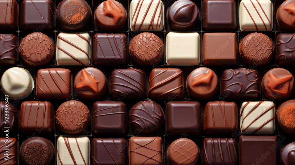 Assortment of luxury chocolates in various shapes and flavors. Top view ...