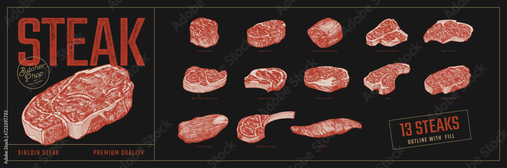 Vetor de Big set of slices meat steaks. Cowboy, Mignon, T-bone ...