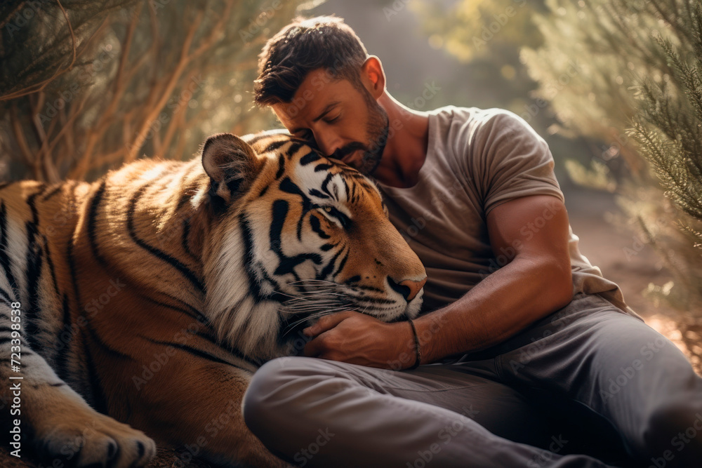 man sleeping with a tiger in the jungle Stock Photo | Adobe Stock