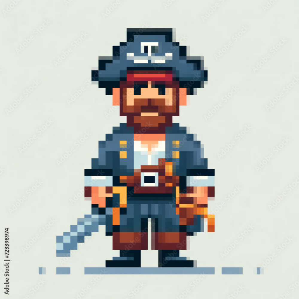 Pixel art illustration of a Pirate boatswain, vector design on light ...