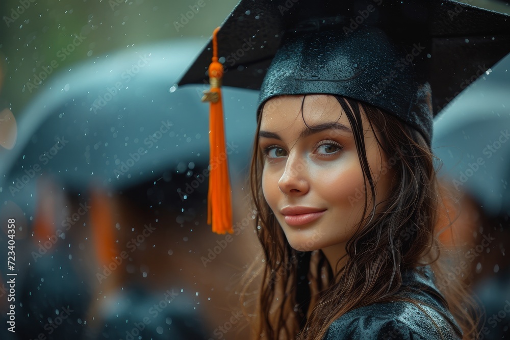 A beaming woman proudly dons her academic dress and mortarboard ...