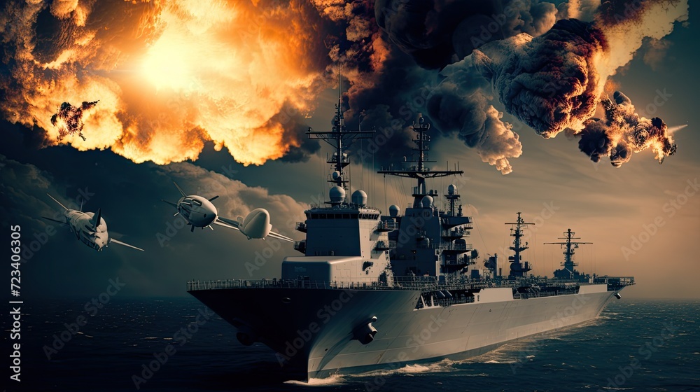 a nuclear-powered ship, loaded with fighter jets on a military navy ...