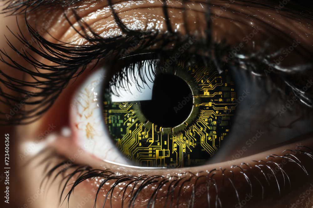 human eye with an implant in the form of a computer digital board ...