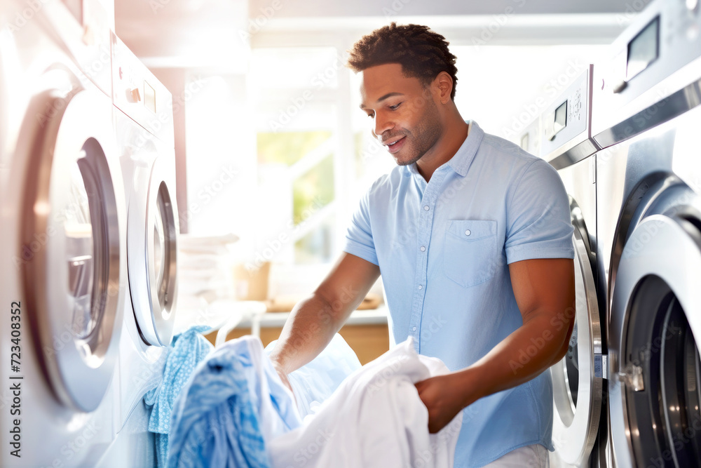 Cheerful young African American man sorting white clothes at a ...