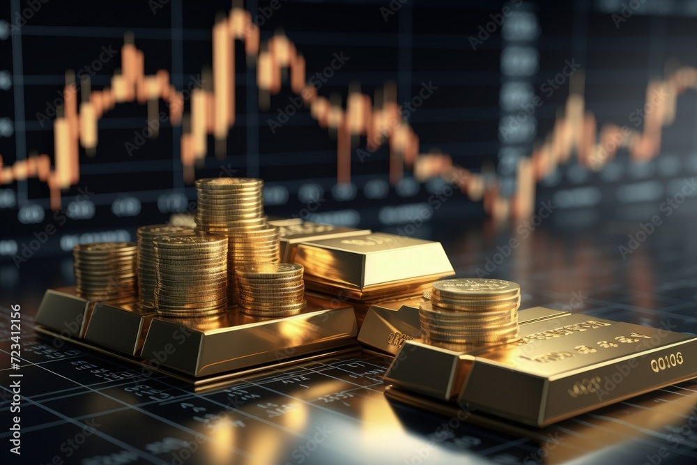Stacked gold bars, golden coins, stock exchange ambiance, and dynamic stock charts a visual ...