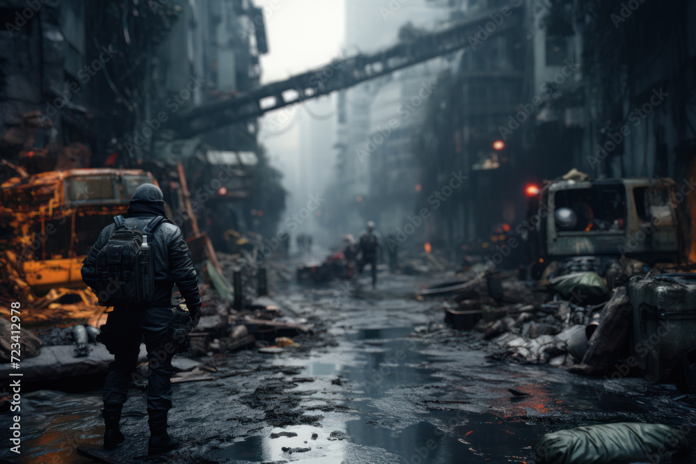 Navigate a dystopian cityscape, where cyberpunk elements intertwine ...