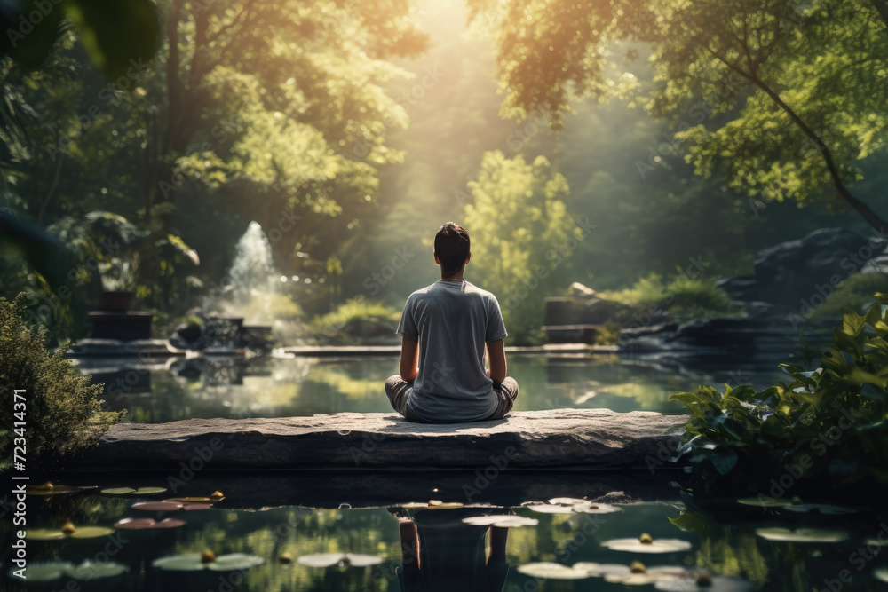 Person meditating in a serene park, finding peace and mindfulness ...