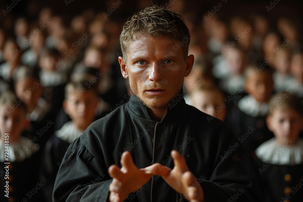 A mysterious man in a flowing black robe stands with outstretched hands ...