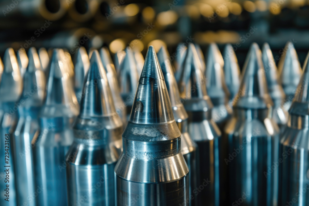 Foto de Metal artillery shells stored in warehouse of weapons factory ...