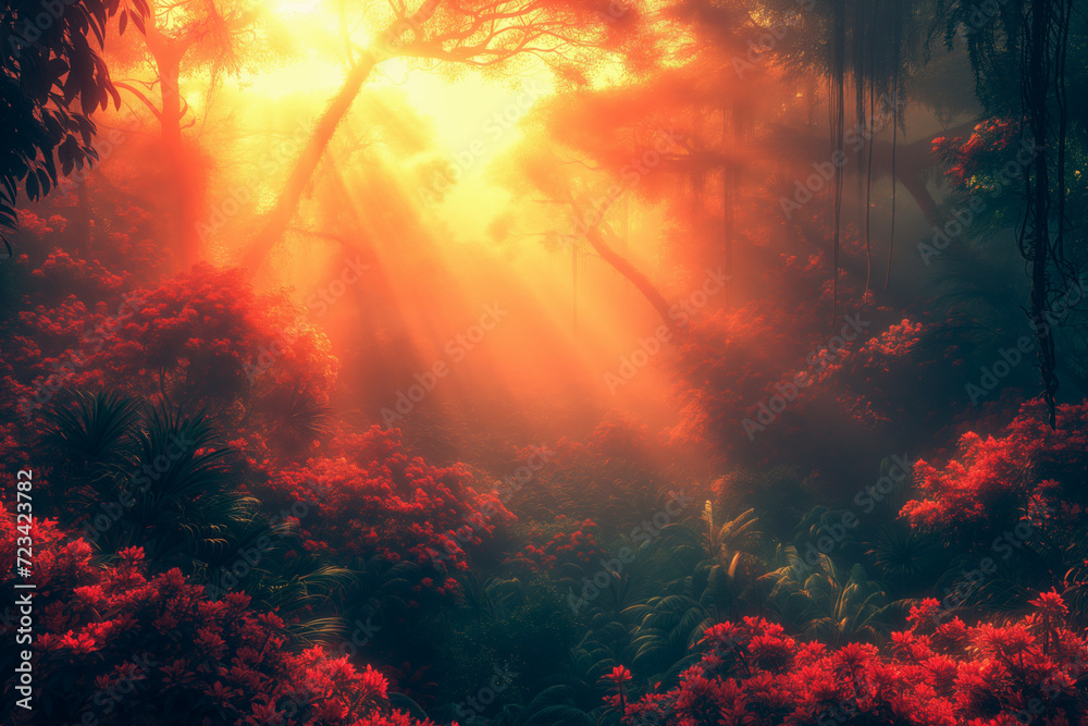 Realistic yet ethereal tropical forest exotic flora with sun shining ...