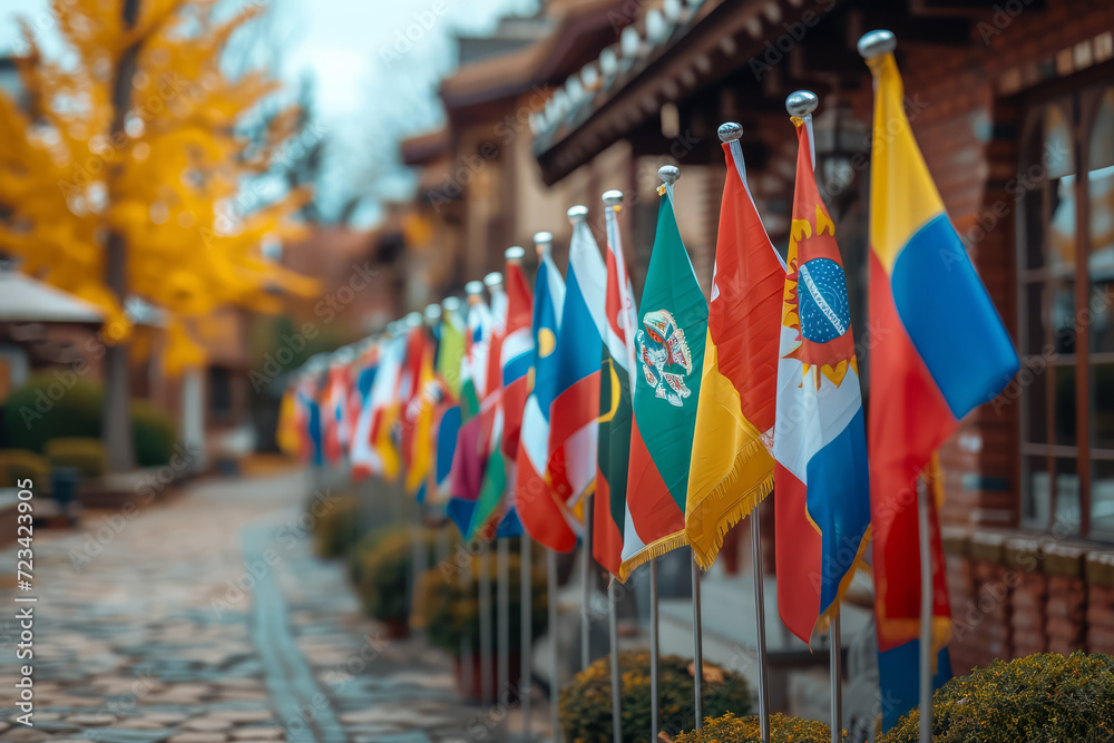 A multicultural festival with various national flags, representing a ...