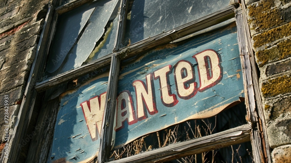 A faded and torn "help wanted" sign on the window of a dilapidated ...