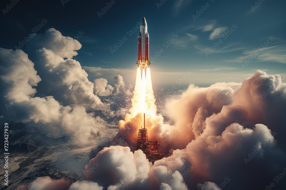 A rocket breaking through the atmosphere, signifying the propulsion and ...