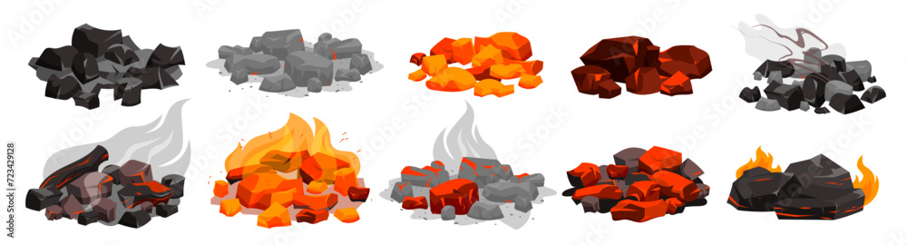 Burning coal with fire set. Charcoal black embers pile and hot rocks ...