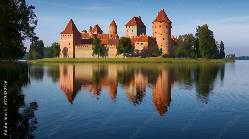Trakai Island Castle in lake Galve in day, Lithuania. Trakai Castle is ...