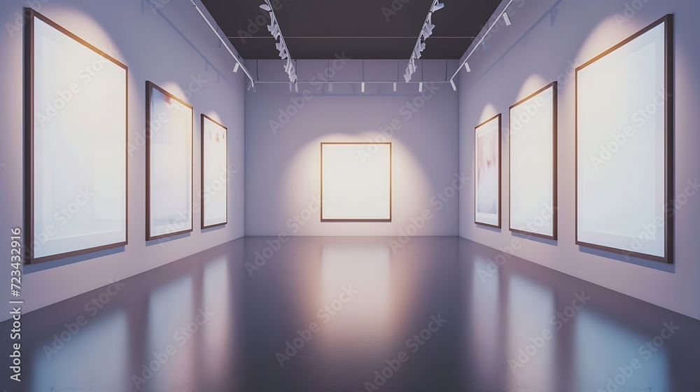 Gallery interior empty frames on wall. Art gallery empty interior, room ...