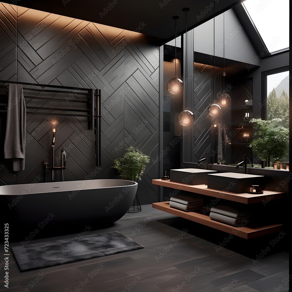 A bathroom that embraces geometric elegance in an all-black palette ...