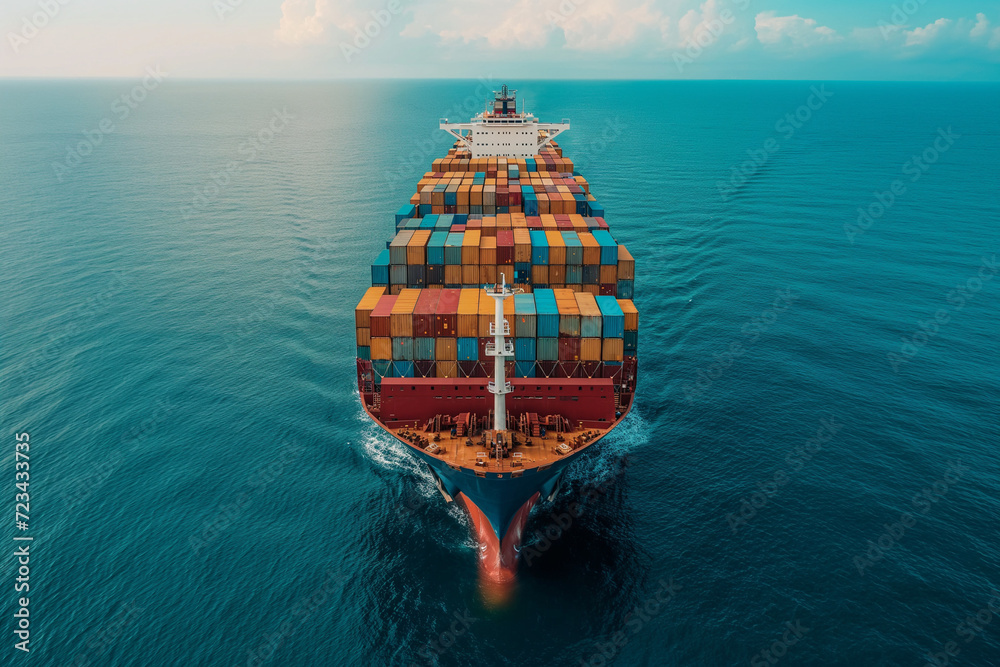 A huge container ship sails majestically across the vast sea. Its ...