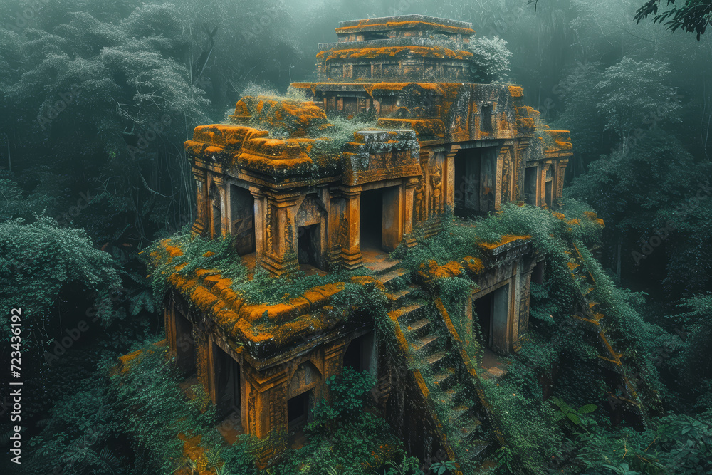 A drone capture of ancient ruins nestled in a remote jungle, showing ...
