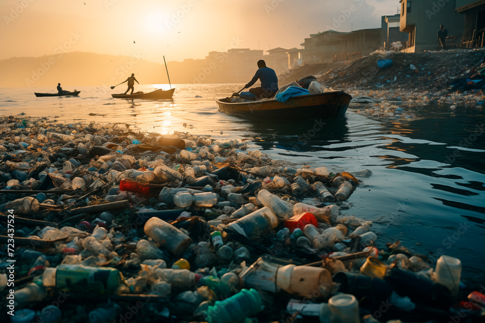 Volunteers picking up garbage from a polluted river or lake on boats ...