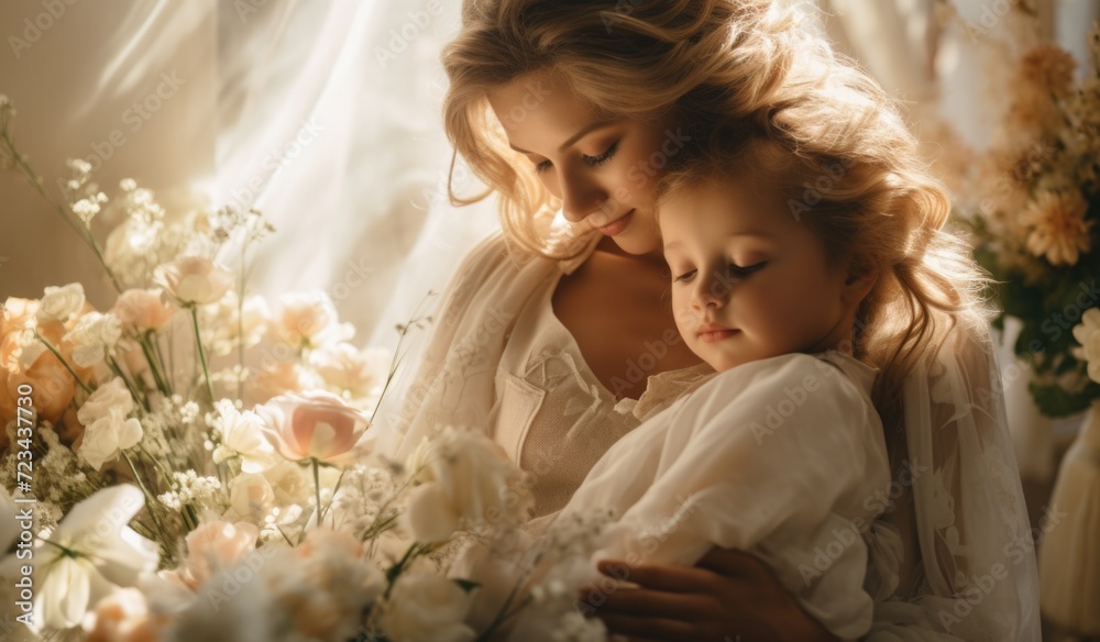 In this heartwarming image, a loving mother embraces her child with ...