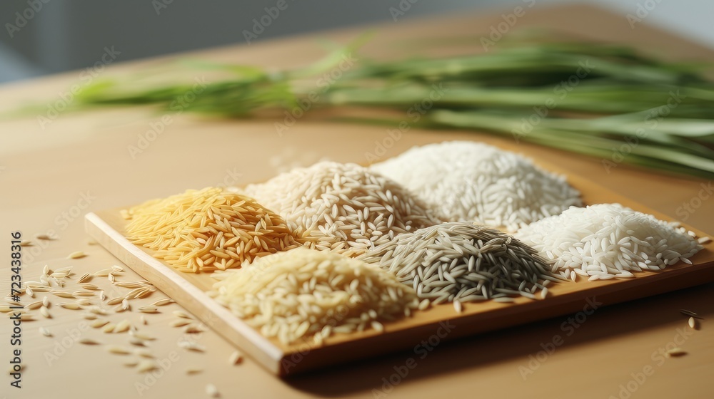 a mixture of white rice grains, paddy rice and rice plants to ...